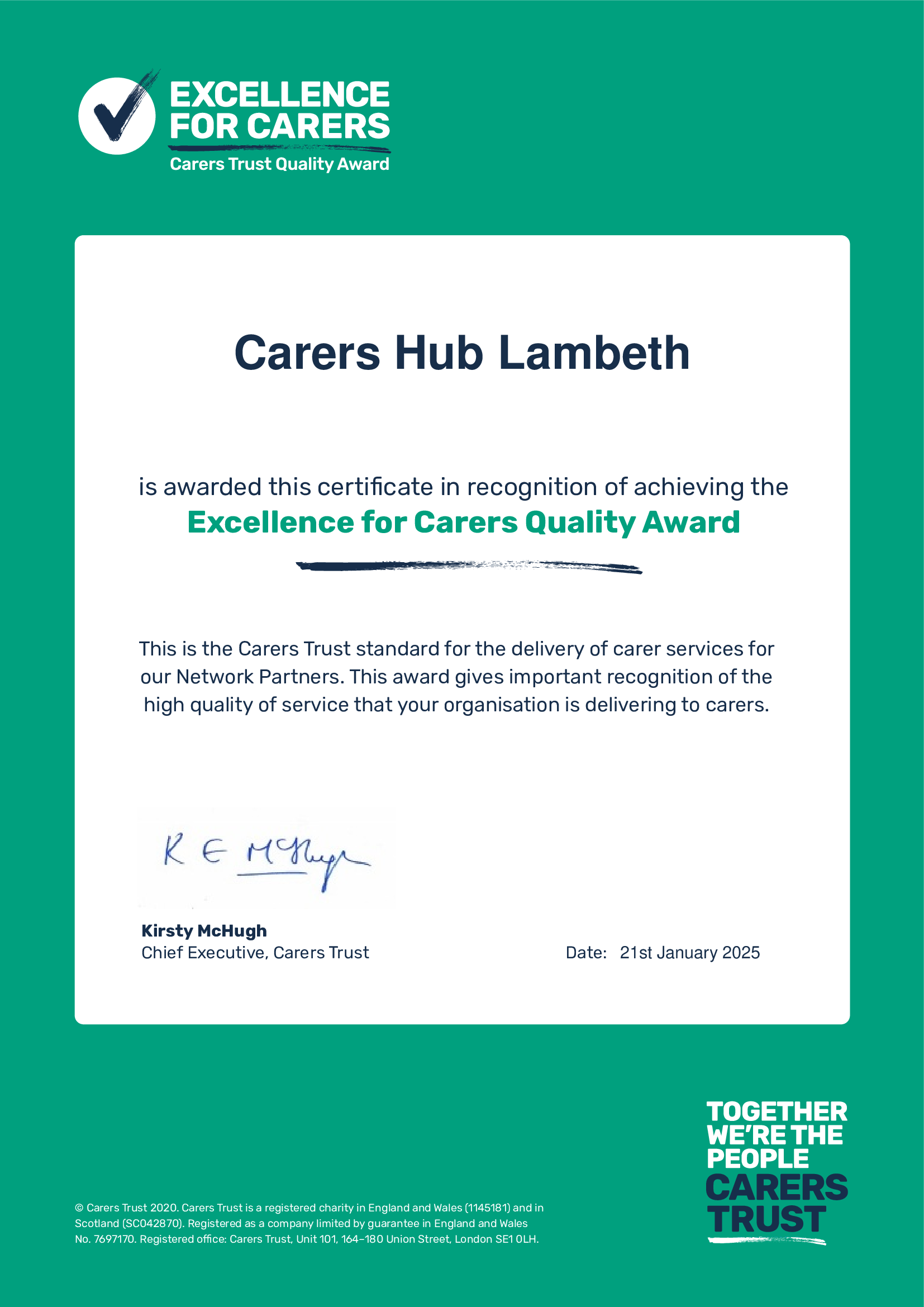 Carers Hub Excellence for Carers Award